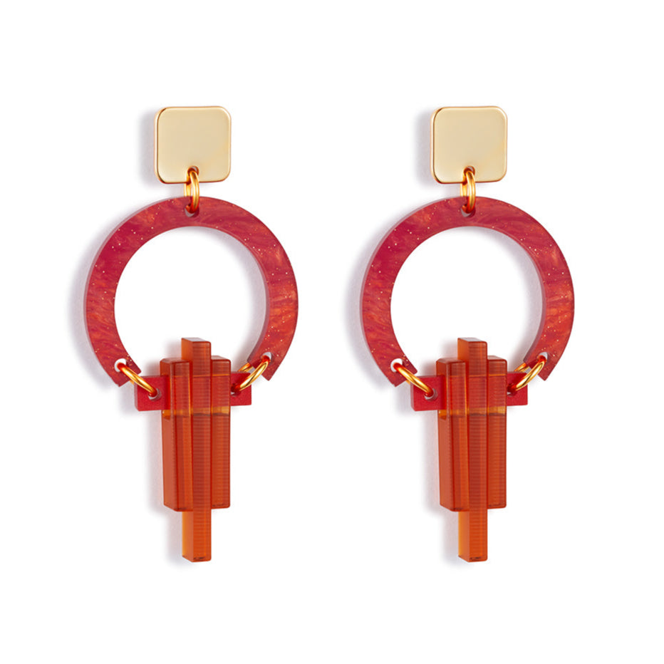 Petite Art Deco Chandelier Earrings in Sienna Red Acrylic – Toolally