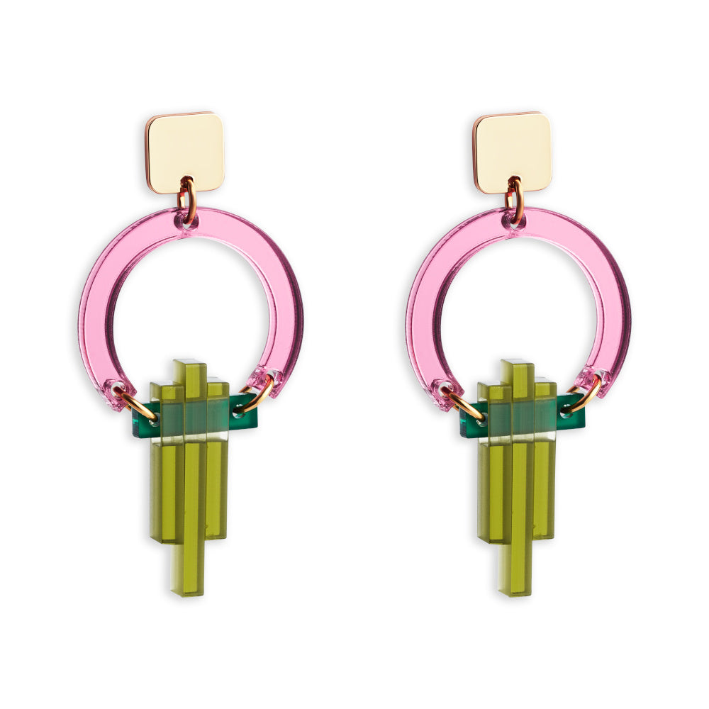 Petite Art Deco Chandelier Earrings - Pink Mirror and Lime Zest Green ...