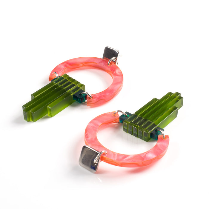 Chandelier Art Deco Earrings in Pink & Green Acrylic – Toolally