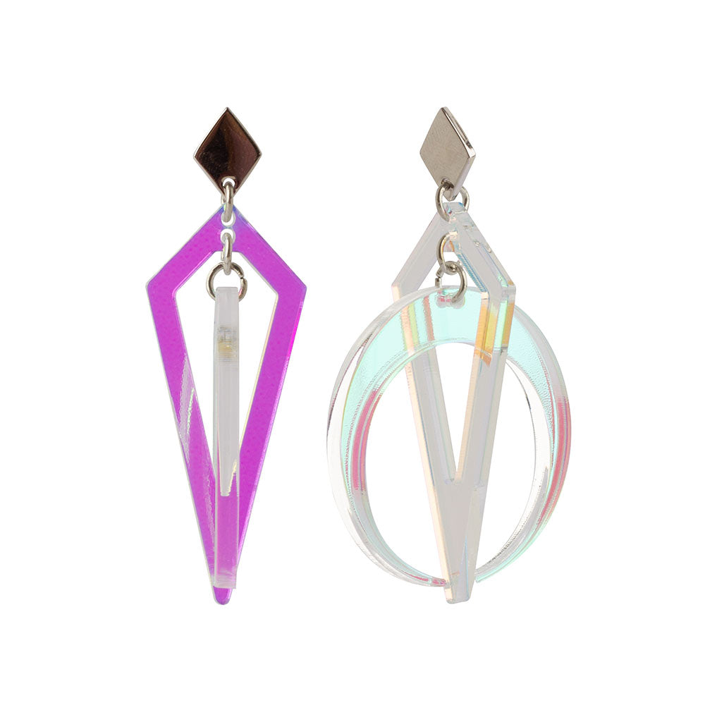 Crescent Hoop Art Deco Statement Earrings - Pink & Iridescent Acrylic ...