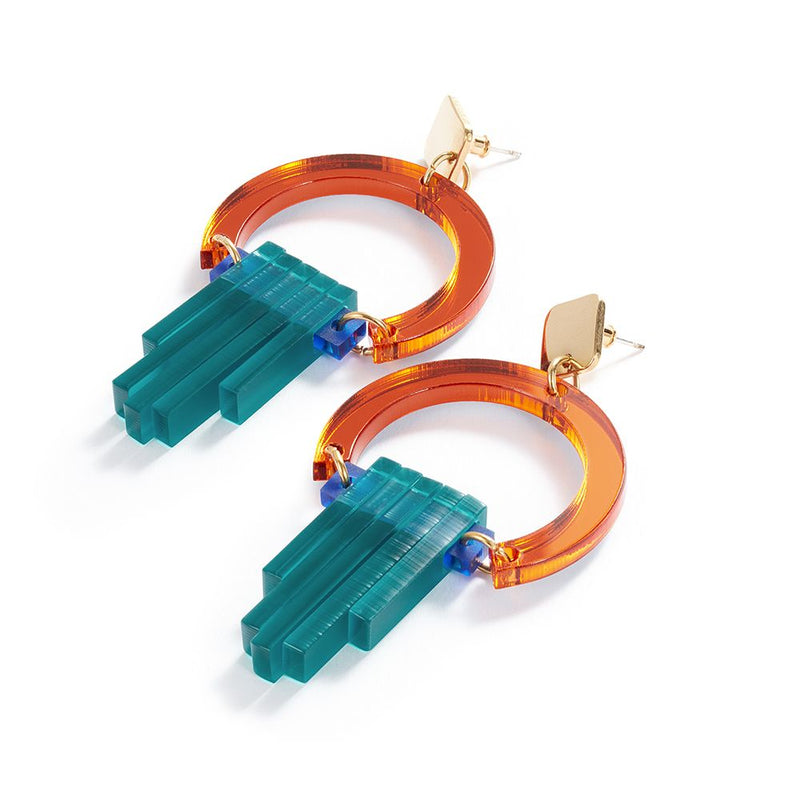 Art Deco Chandelier Earrings in Orange & Azure Blue Acrylic – Toolally